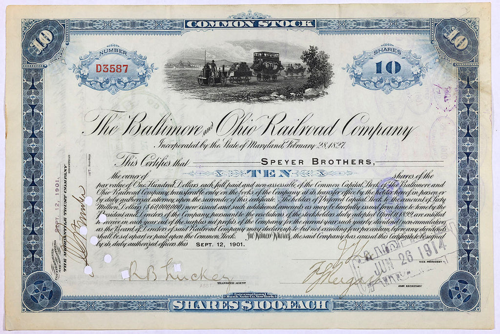 1901 Baltimore and Ohio Railroad stock certificate | Brandywine General ...