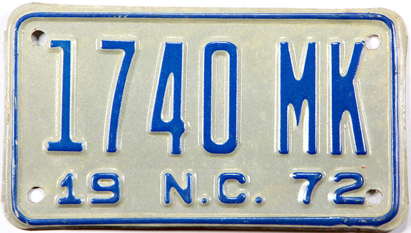 1972 North Carolina Motorcycle License Plate | Brandywine General Store