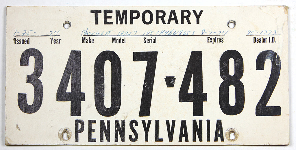 1974 Pennsylvania Temporary License Plate | Brandywine General Store