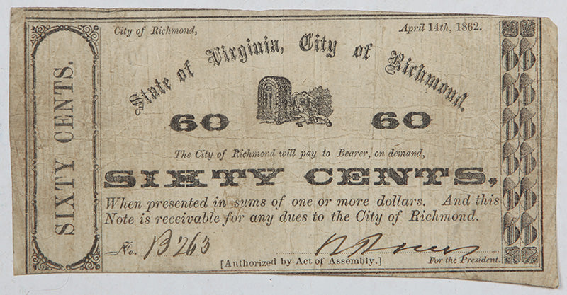 Richmond VA Sixty Cents 1862 Obsolete City Change Scrip | Brandywine ...