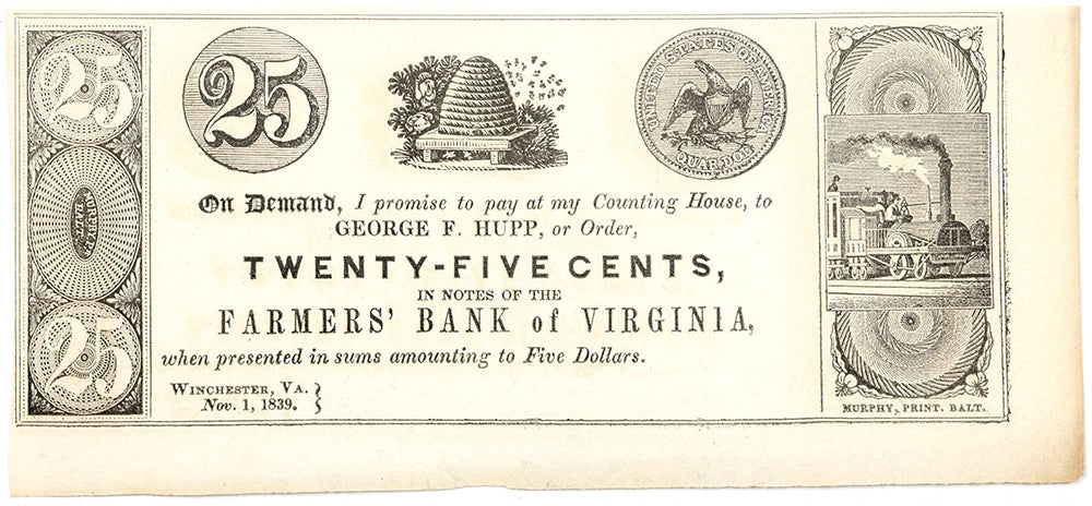 Winchester VA George F Hupp 25 cents Obsolete Currency 1839 ...
