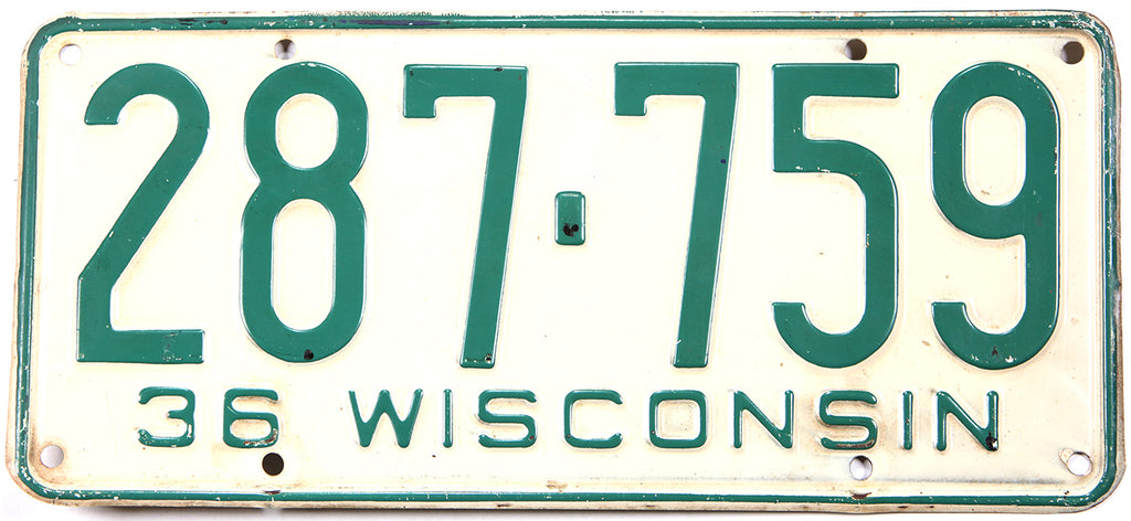 1936 Wisconsin single License Plate | Brandywine General Store