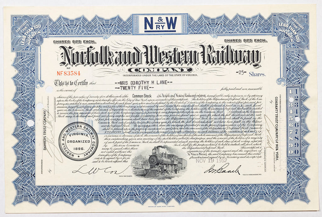 1949 to 1978 Norfolk and Western Railway Stock Certificate | Brandywine ...