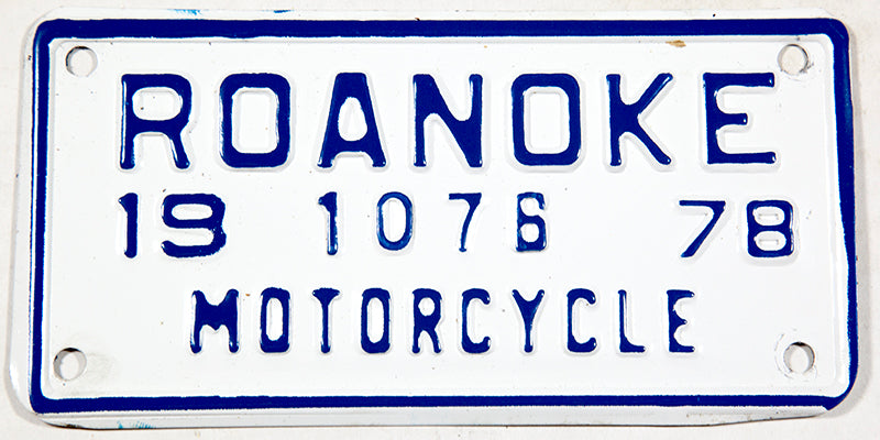 1978 Virginia Roanoke Motorcycle License Plate | Brandywine General Store