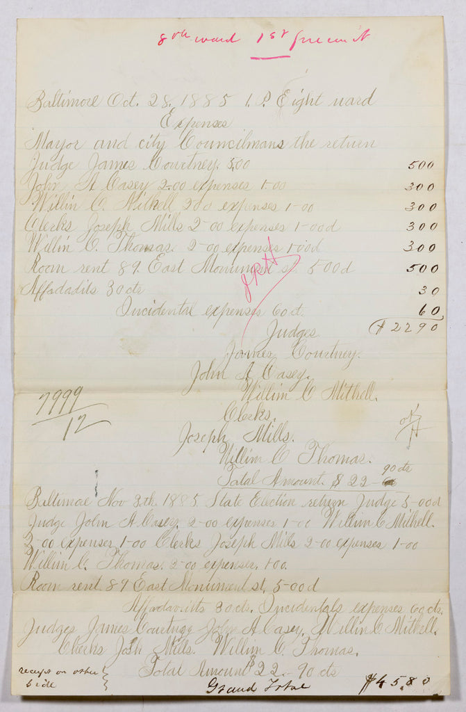 1885 Baltimore Election Expense Document | Brandywine General Store