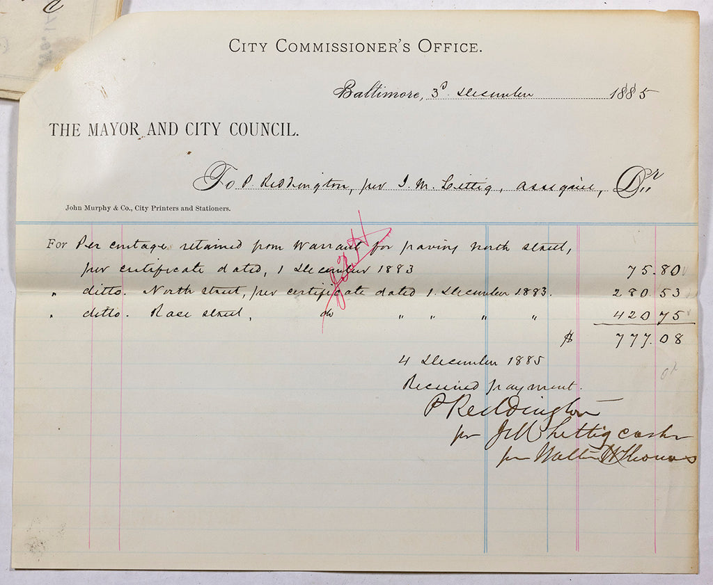 1885 Baltimore Document for Repairs to North and Race Streets ...