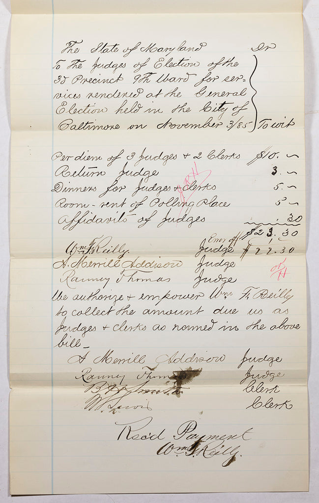 1885 Baltimore Document Election Workers Payments | Brandywine General ...