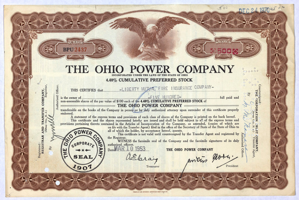 Ohio Power Company 1853 Stock Certificate | Brandywine General Store