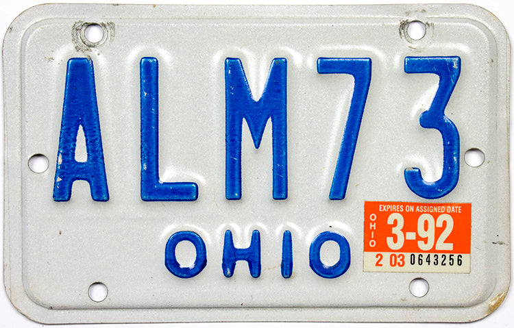 1992 Ohio Motorcycle License Plate | Brandywine General Store
